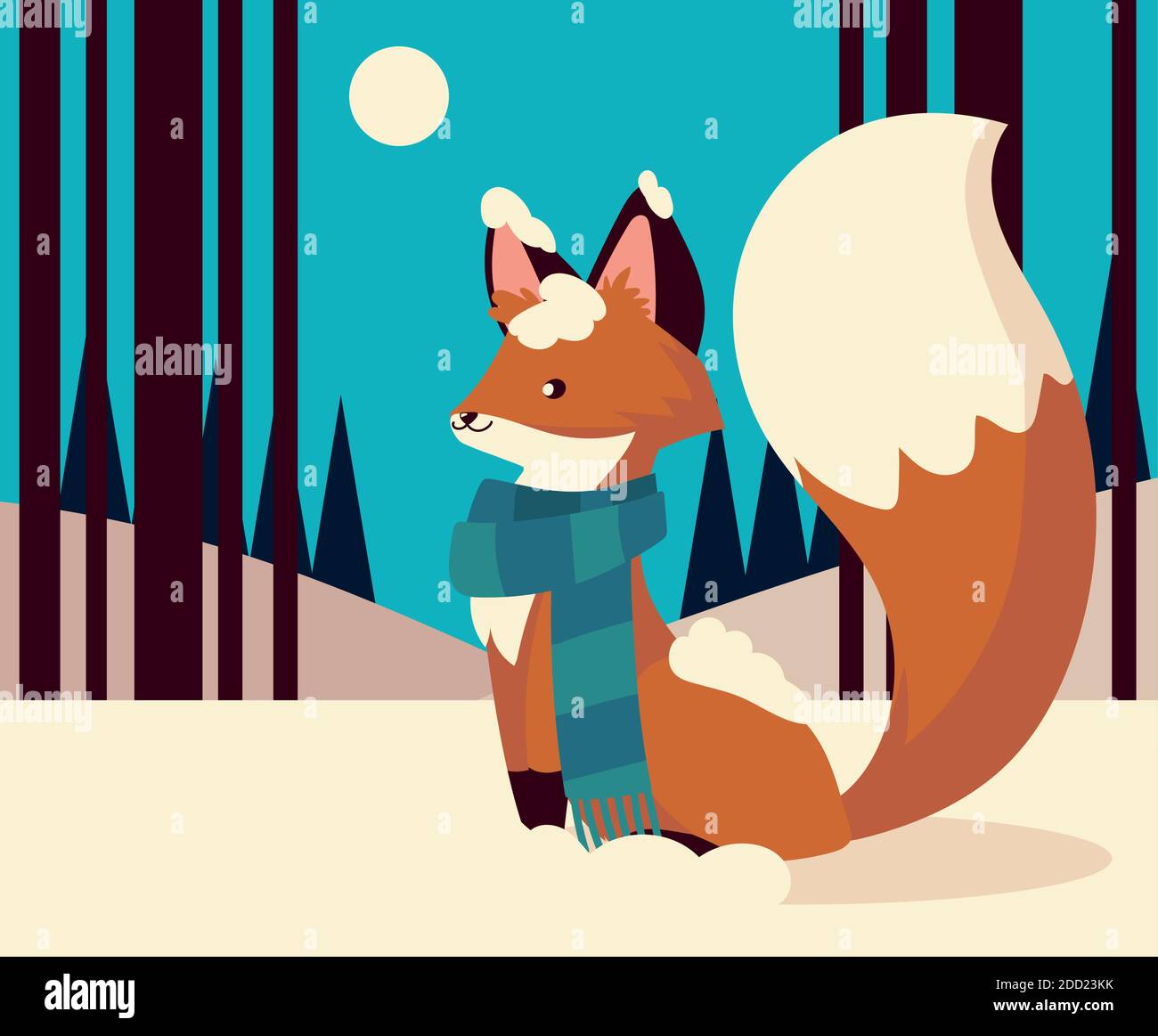 christmas cute fox with scarf animal in the snow night scene Stock ...