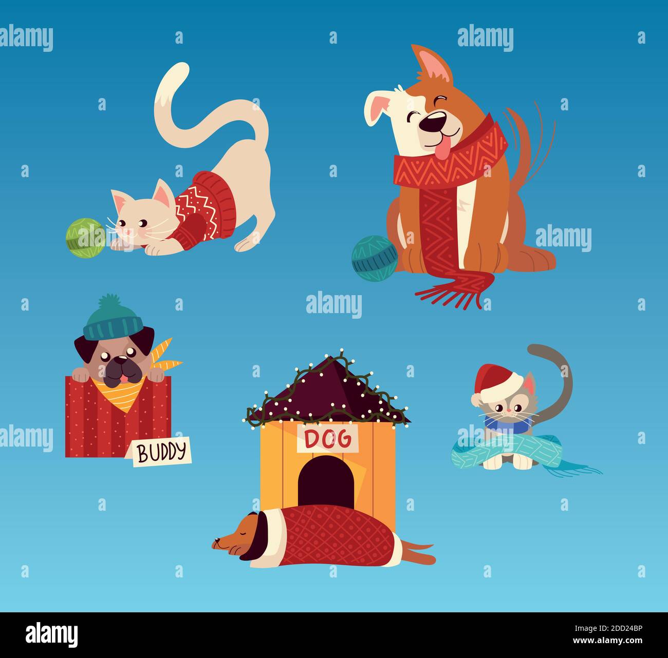 christmas cute dogs cats with wearing winter outfits Stock Vector Image ...