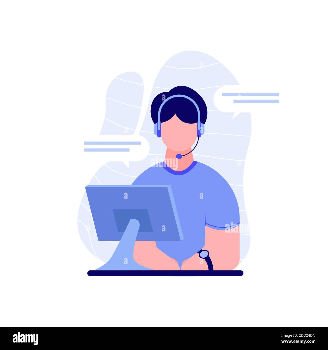 call center or online support or customer service illustration, man using computer and headset ...