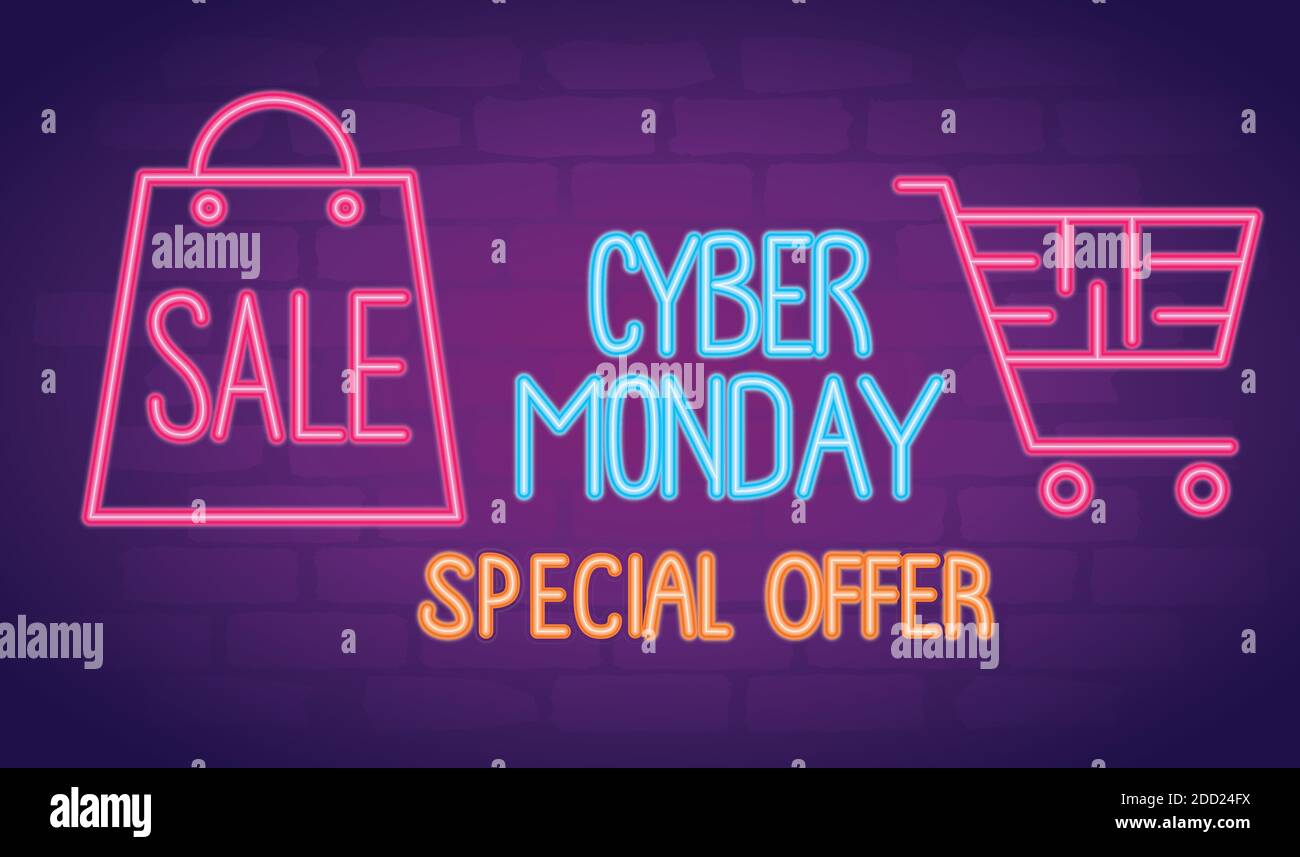 cyber monday neon lettering with shopping bag and cart Stock Vector ...