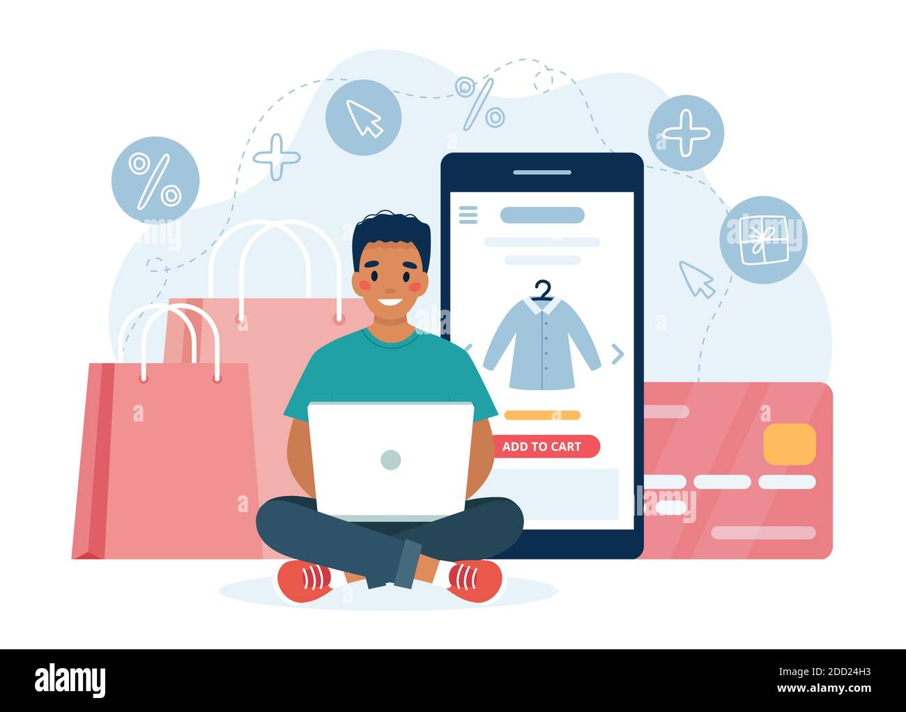 Online shopping with man character with computer and big screen, sale ...