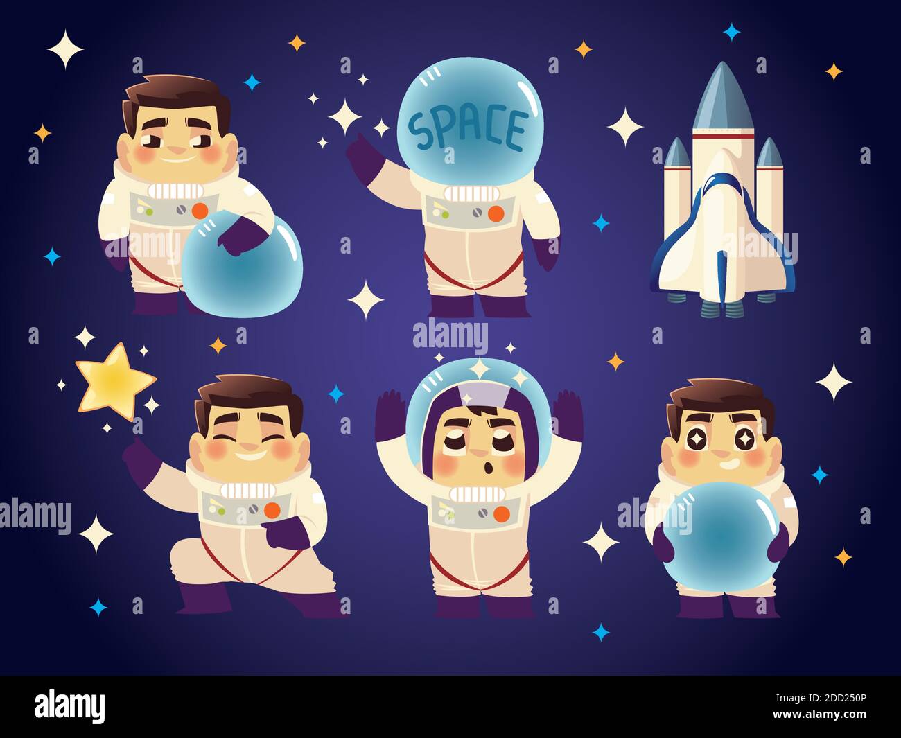set of astronaut in various poses in space and spaceship vector ...