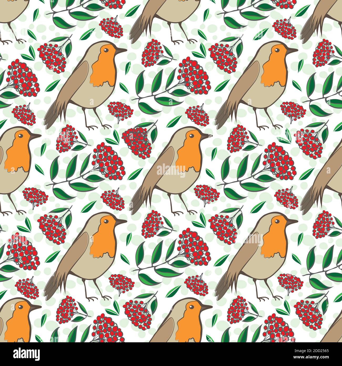 Robin Redbreast, berries and leaf foliage seamless vector pattern background. Red green backdrop ...