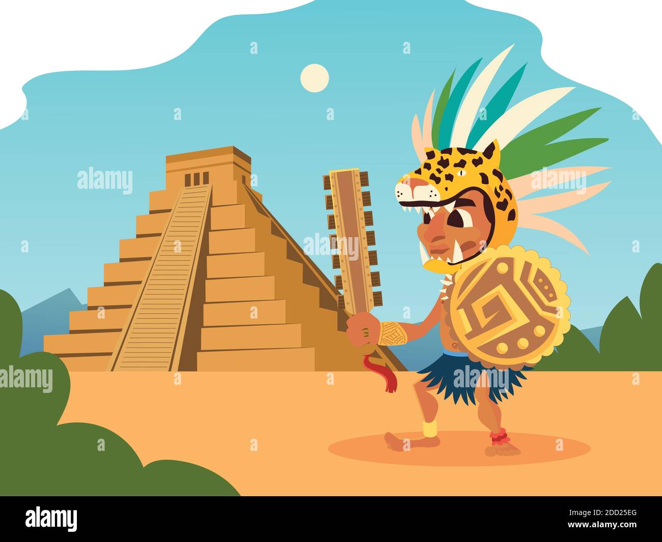 aztec warrior tiger headgear shield and pyramid landscape vector ...