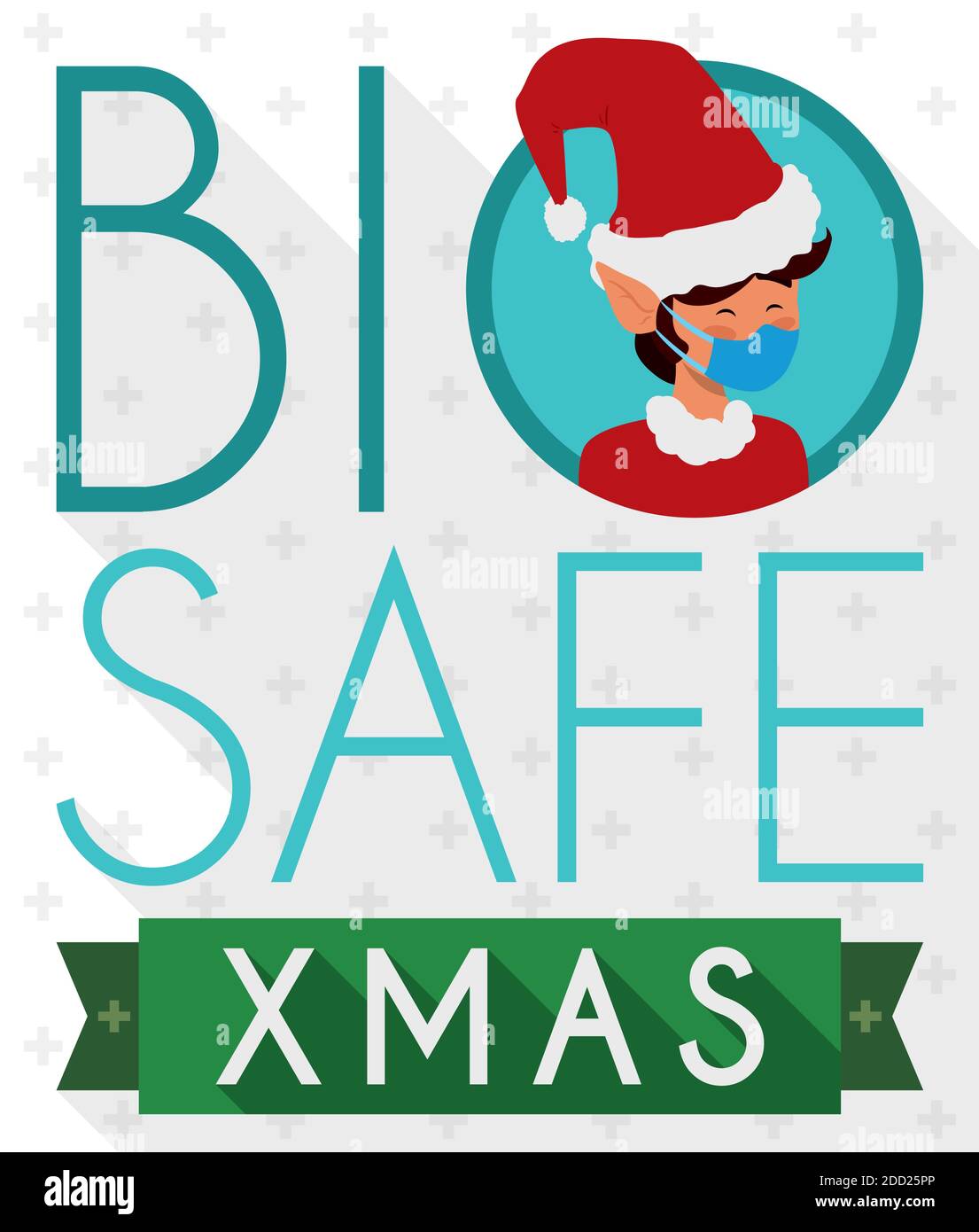 Cute elf with Santa's hat and half-mask, taking biosecurity measures ...