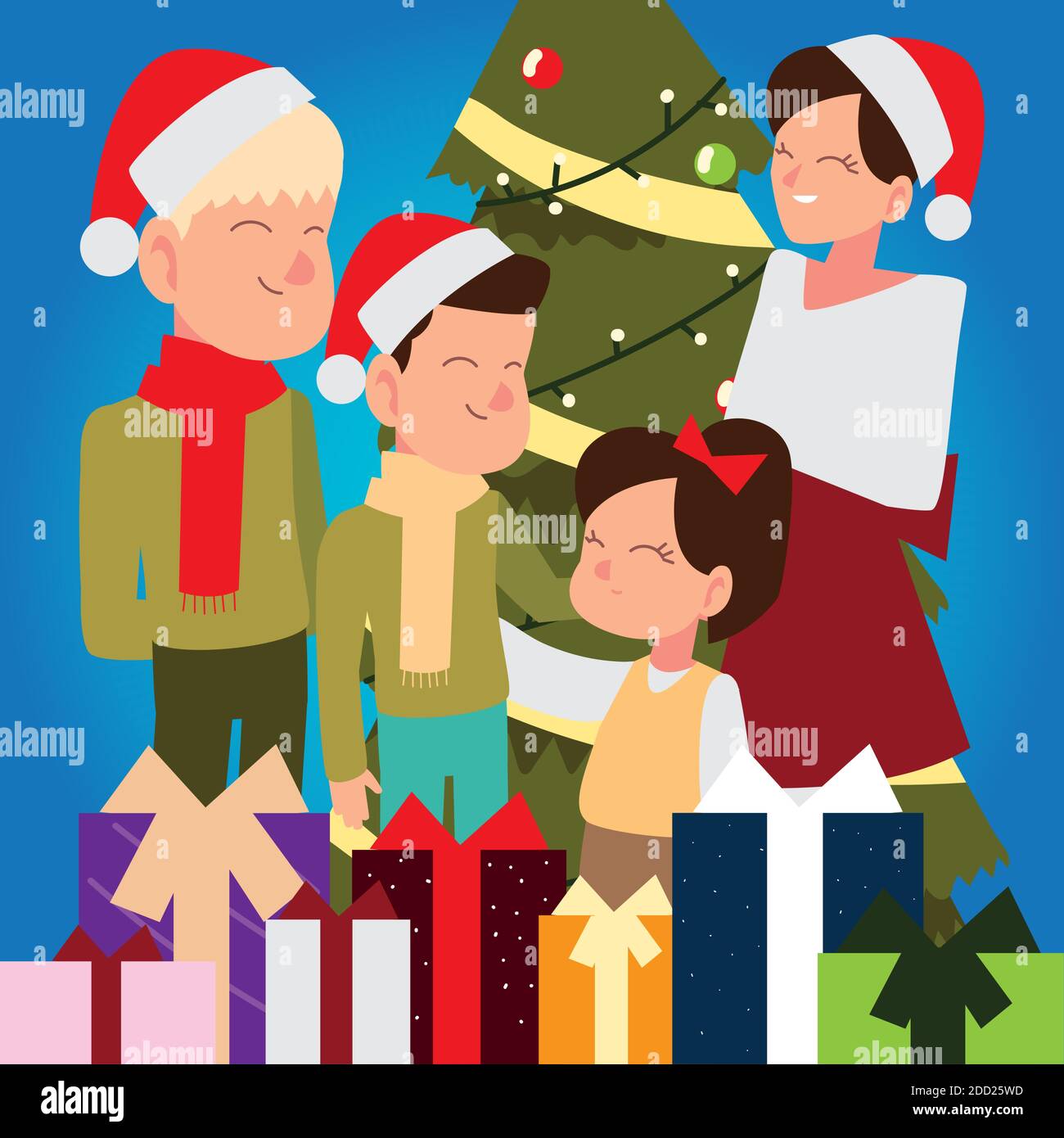 merry christmas greeting card, happy family together with tree and ...
