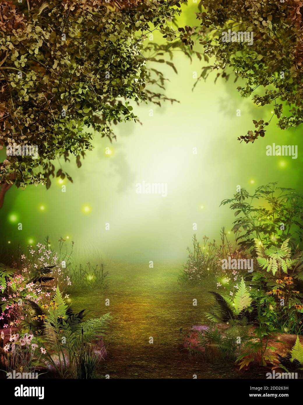 Magical enchanting forest opening with a path leading to a heavenly ...