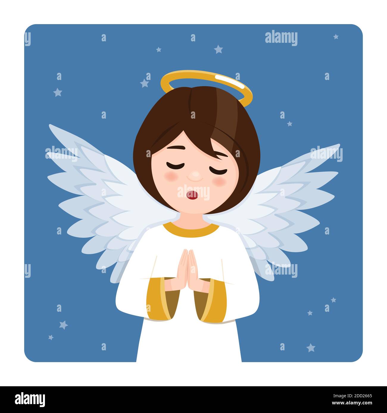 Foreground praying angel on blue sky and stars background. Flat vector ...