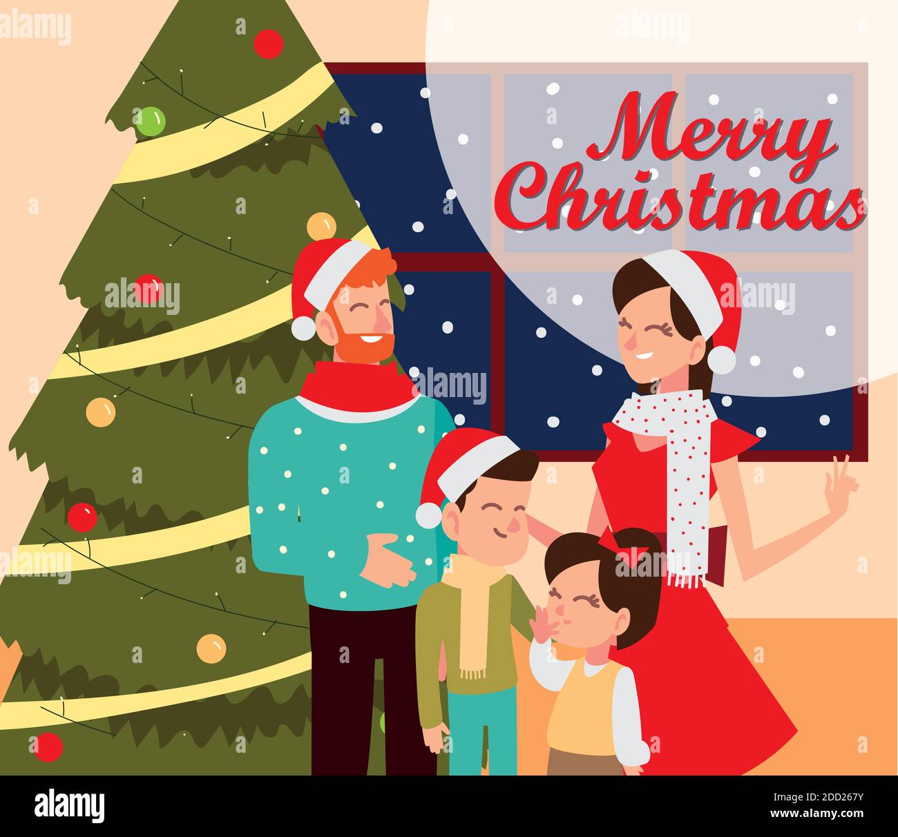 merry christmas greeting card dad mom and kids with tree celebration ...