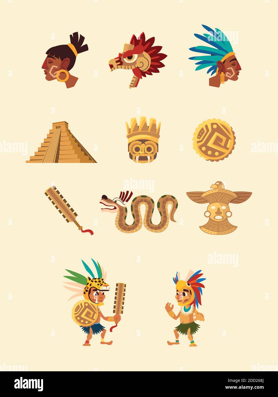 aztec character people snake pyramid weapon native culture icons vector ...