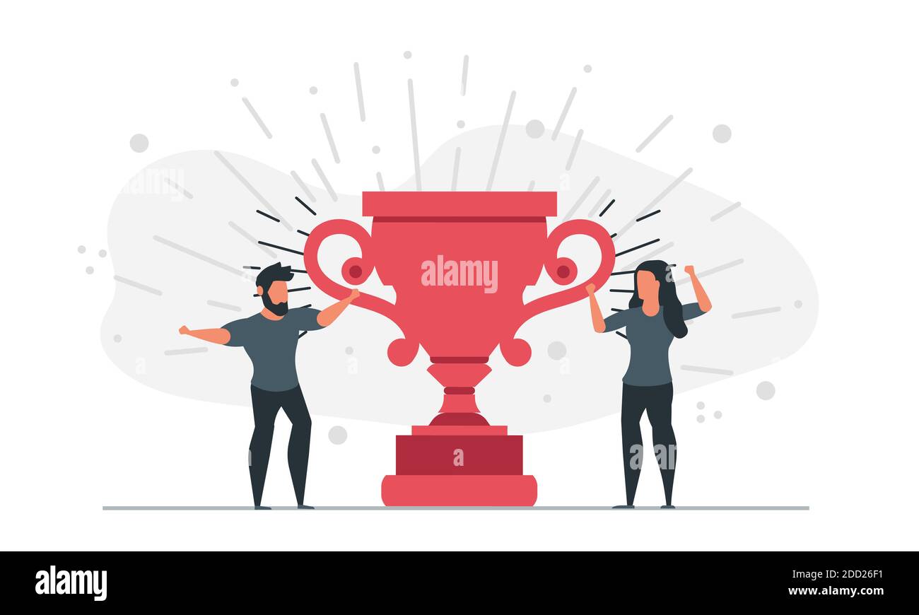 Teamwork success of business people team. Man and woman with cup ...