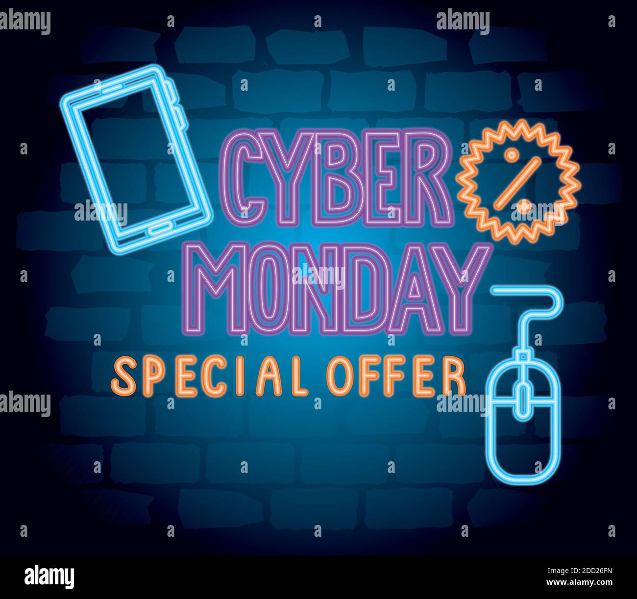 cyber monday neon lettering with mouse and smartphone Stock Vector ...