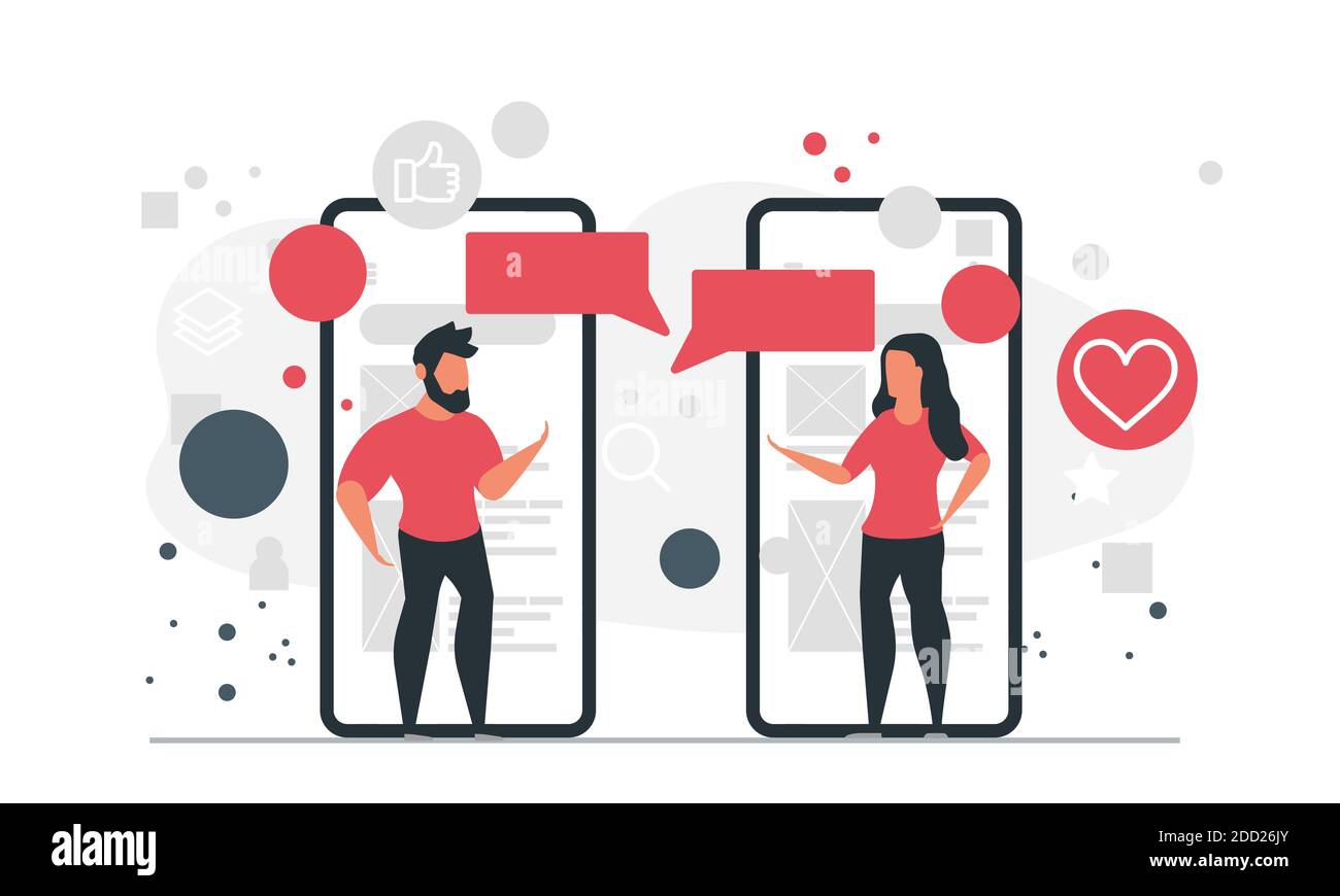 People chatting online via mobile devices. Man and woman communicate ...