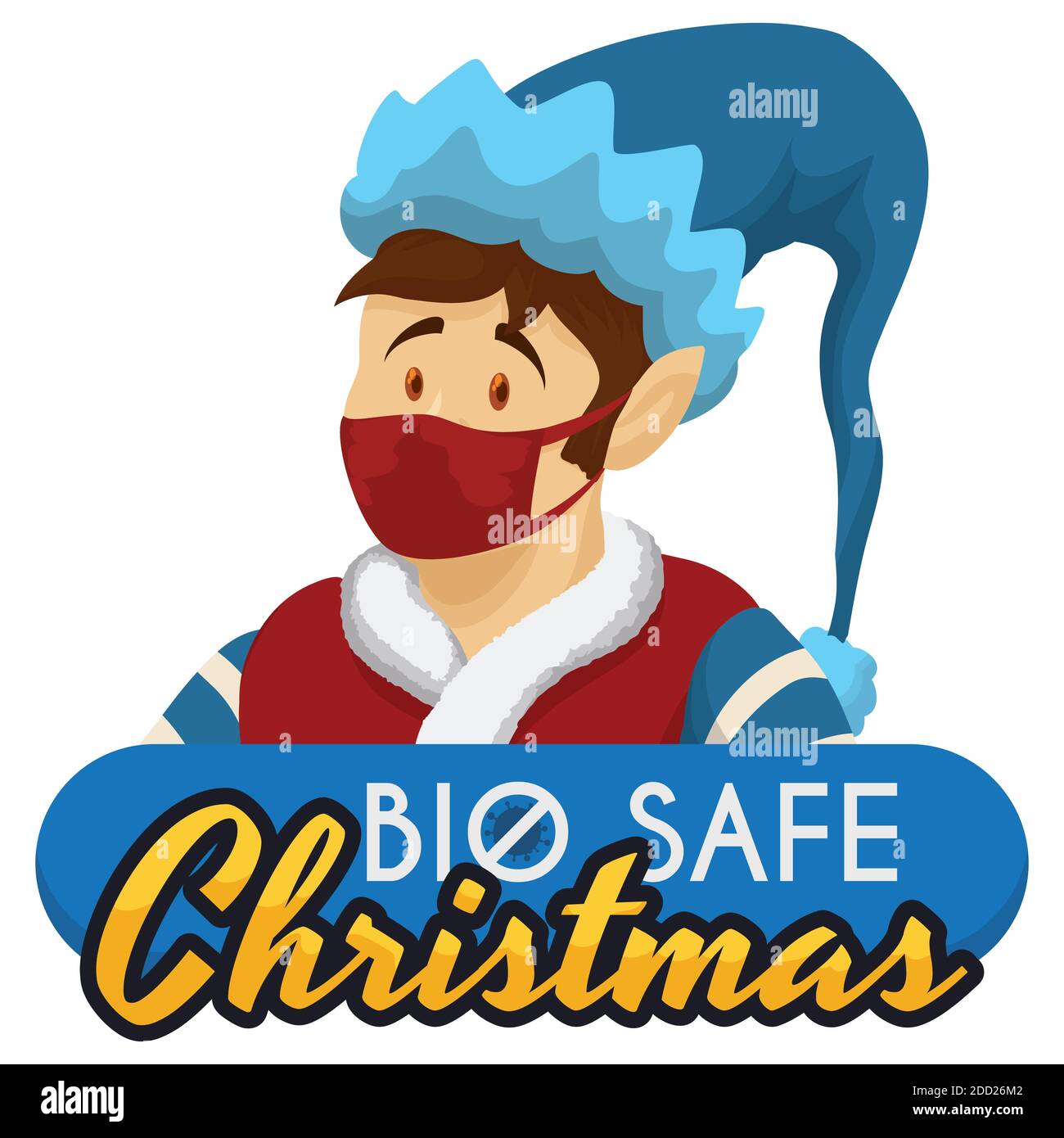 Cute Santa Claus helper, wearing a half-mask, promoting bio safety ...