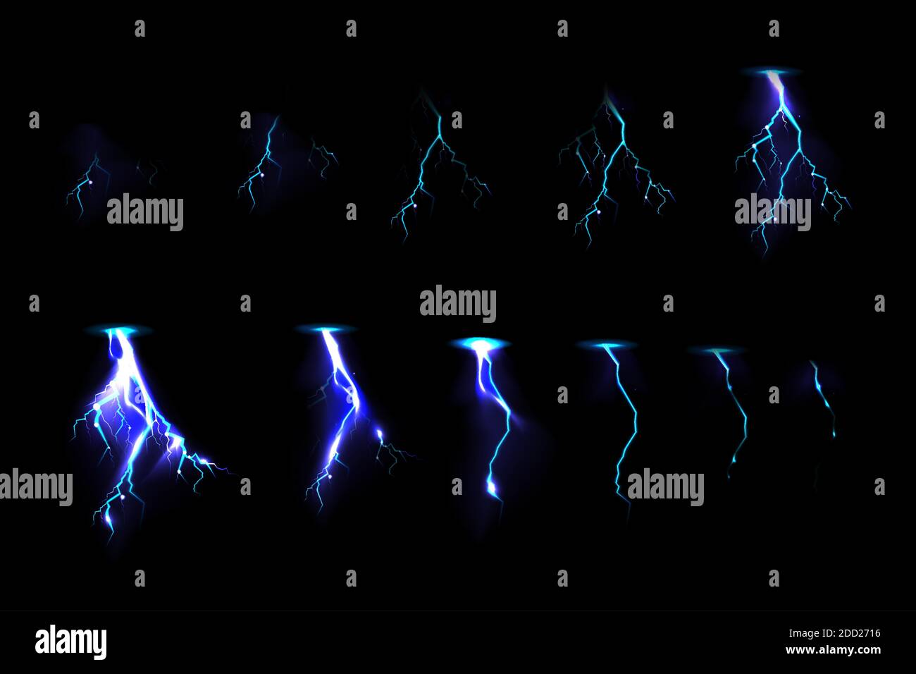 Sprite sheet with lightnings, thunderbolt strikes set for game fx ...