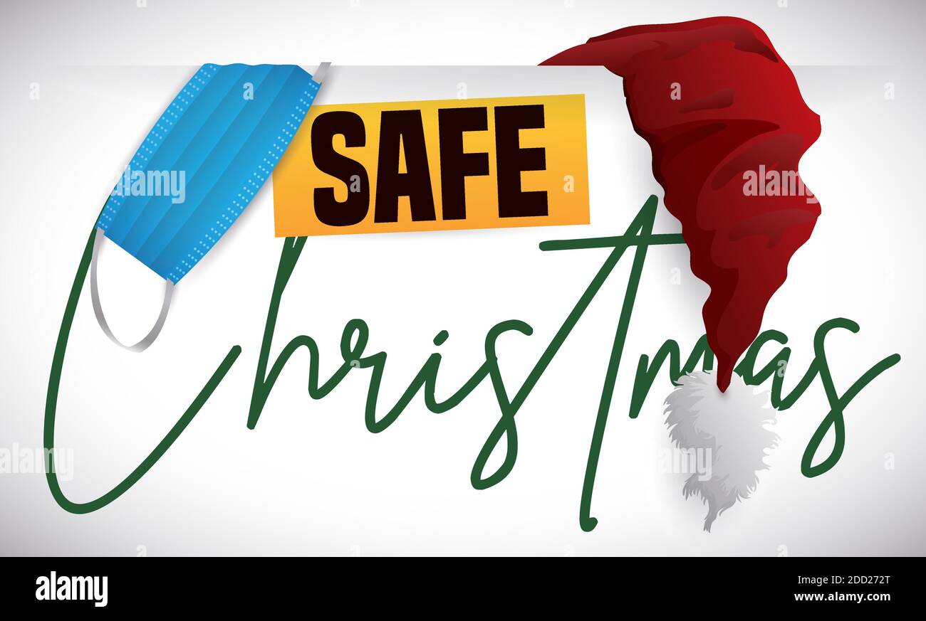 Half-mask and Santa´s hat hanging in a wall, promoting a safe Christmas ...