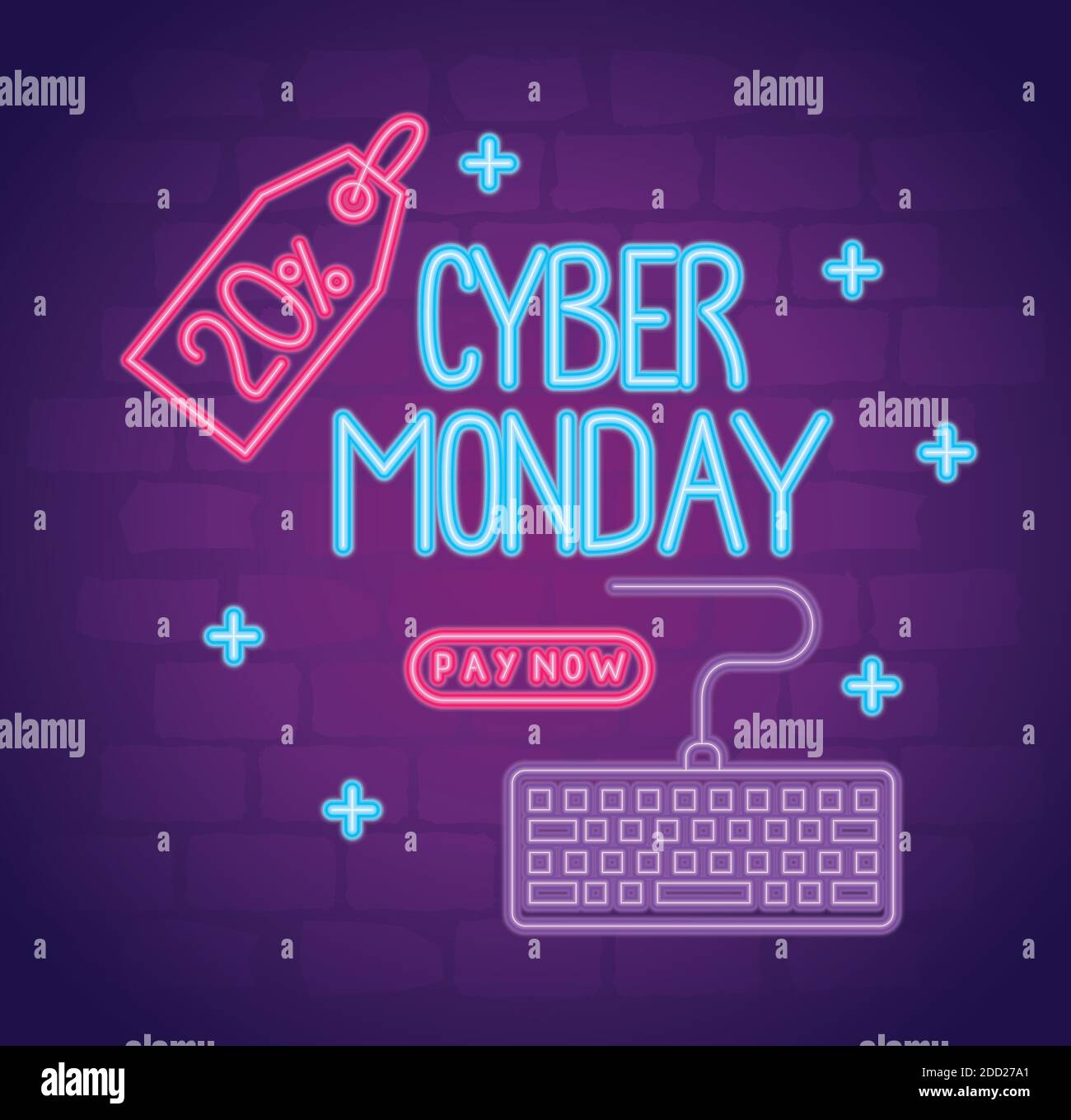 cyber monday neon lettering with keyboard and percent tag Stock Vector ...