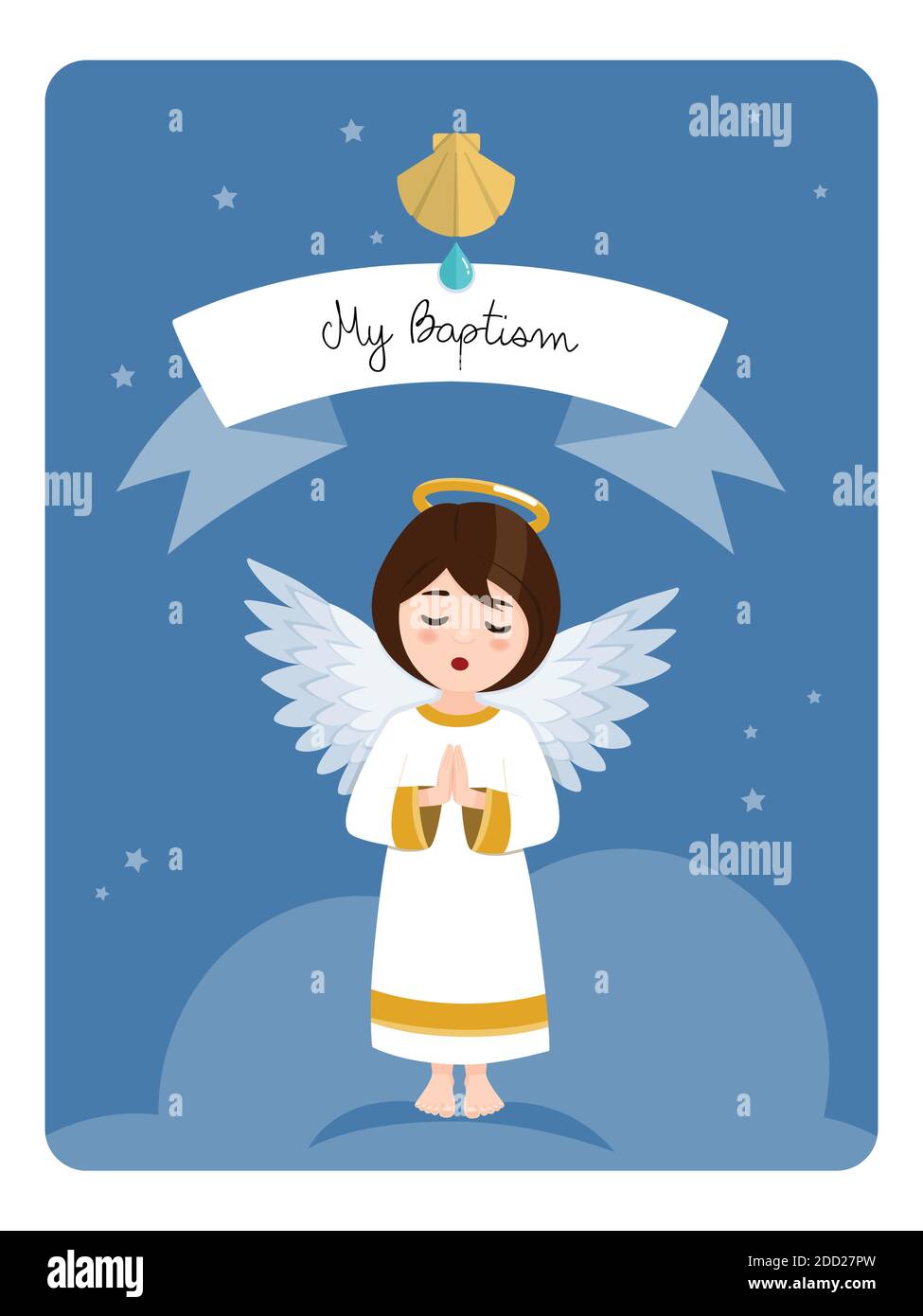 Praying angel. Baptism reminder on blue sky and stars background. Flat ...