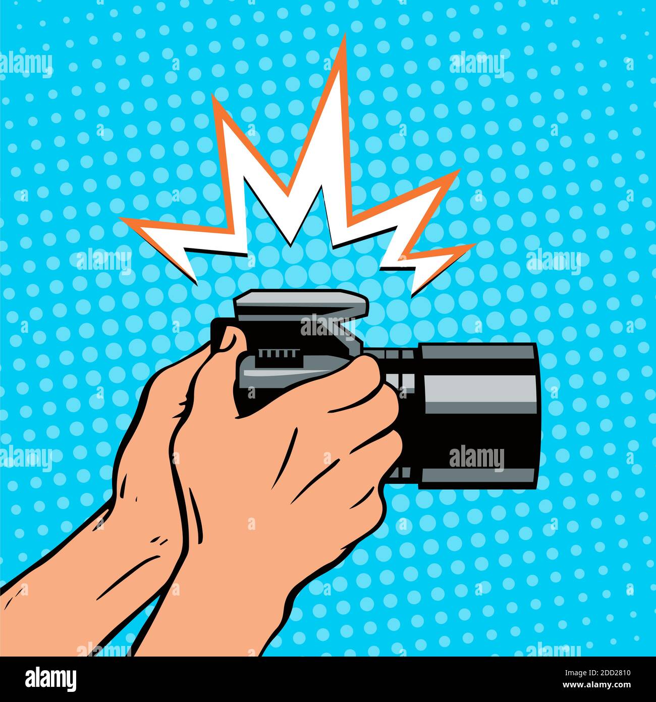 Male hands with a camera. Click and flash. The work of a photographer ...