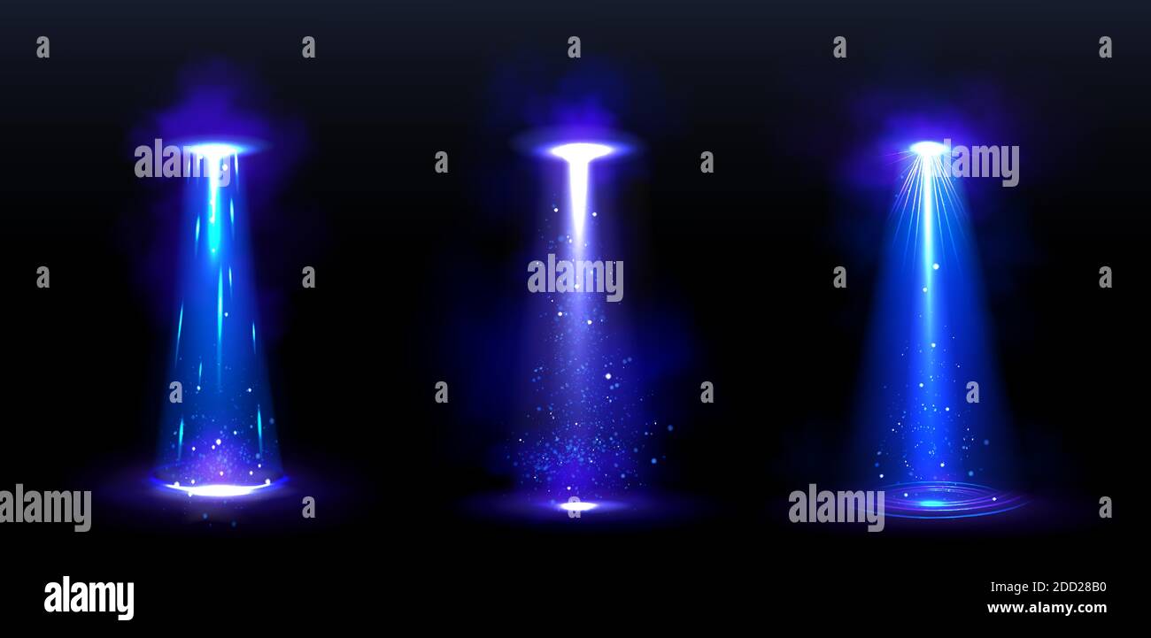 Ufo light beams, glowing rays from alien spaceships at night. Vector ...