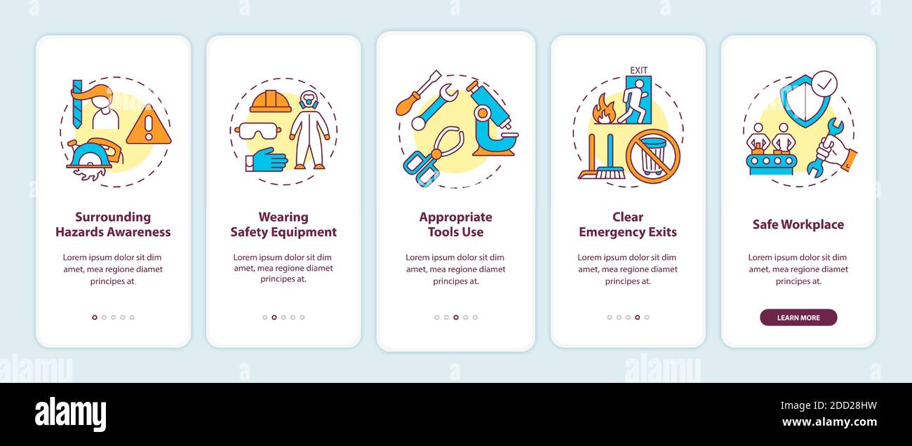 Workplace safety elements onboarding mobile app page screen with ...