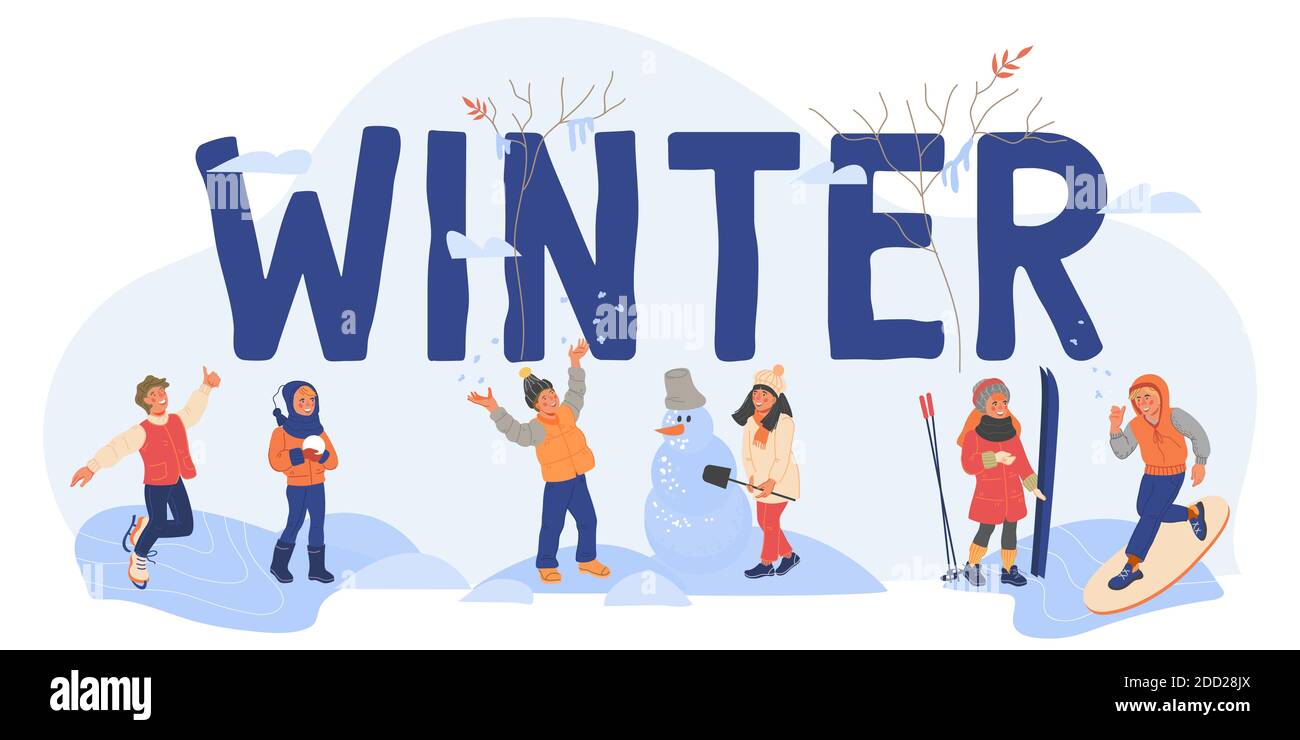 Winter banner template with cute children characters enjoying snow ...