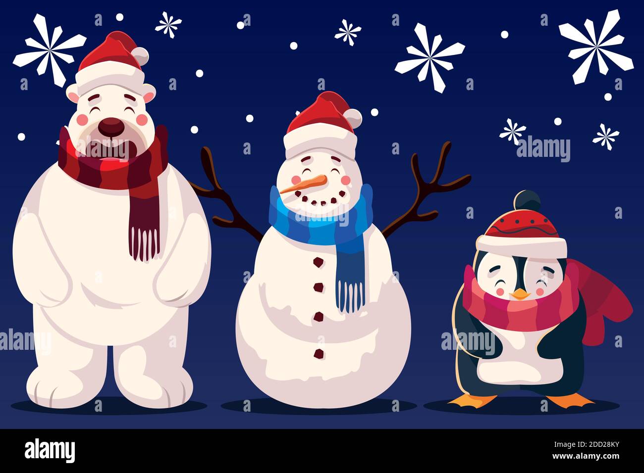 merry christmas snowman bear and penguin with hat and scarf snowflakes ...