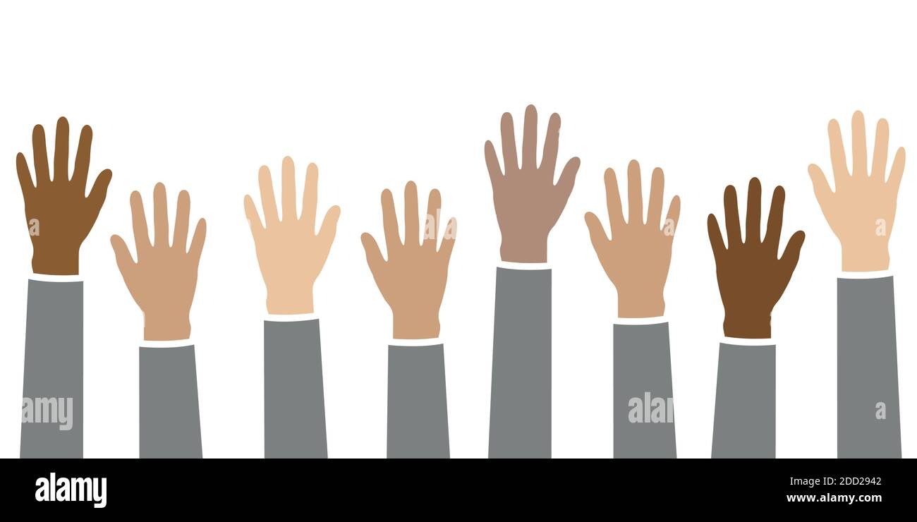 raised hands in different skin colors isolated on white vector ...
