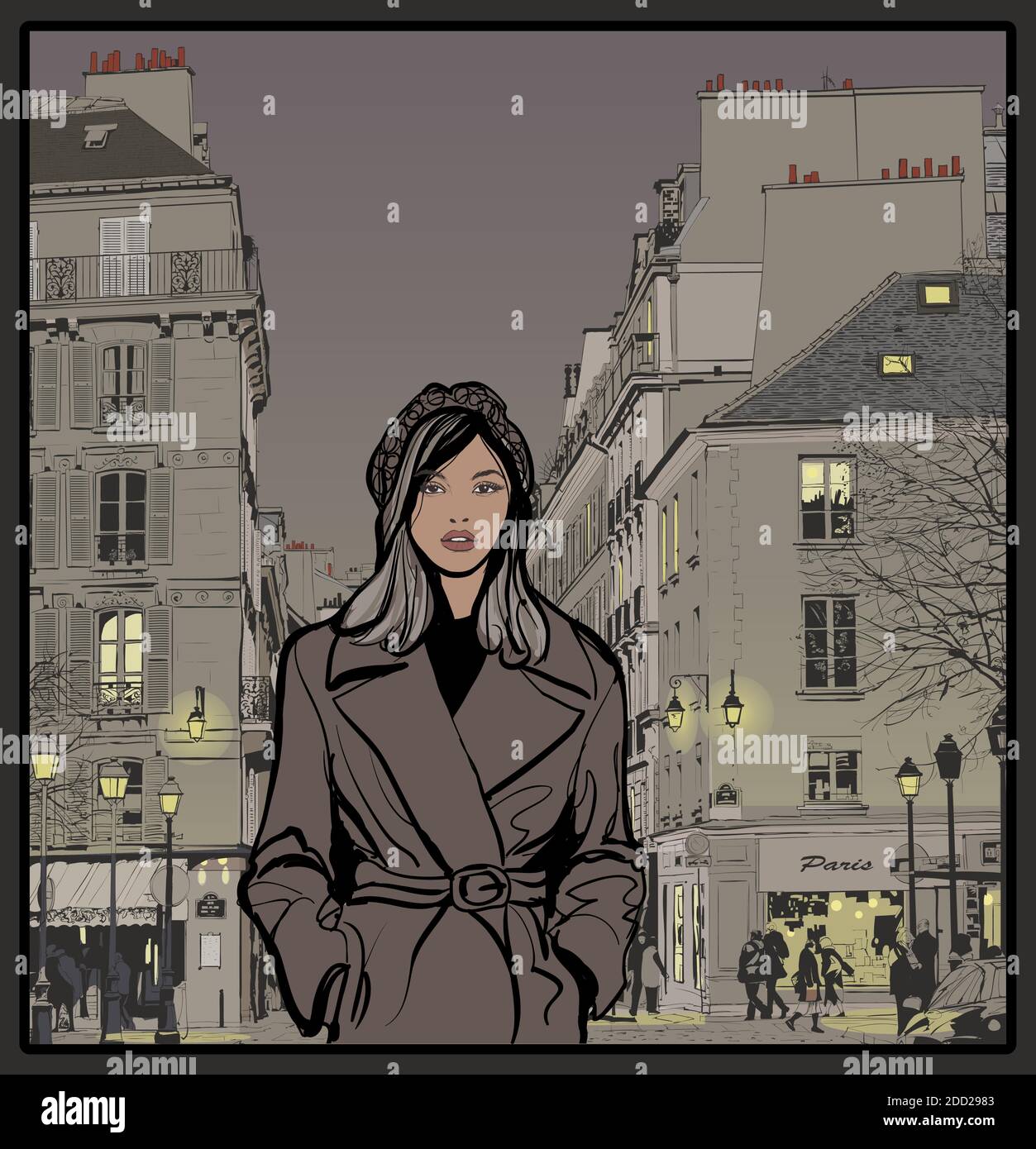Woman walking in a street in Paris by night - vector illustration Stock ...