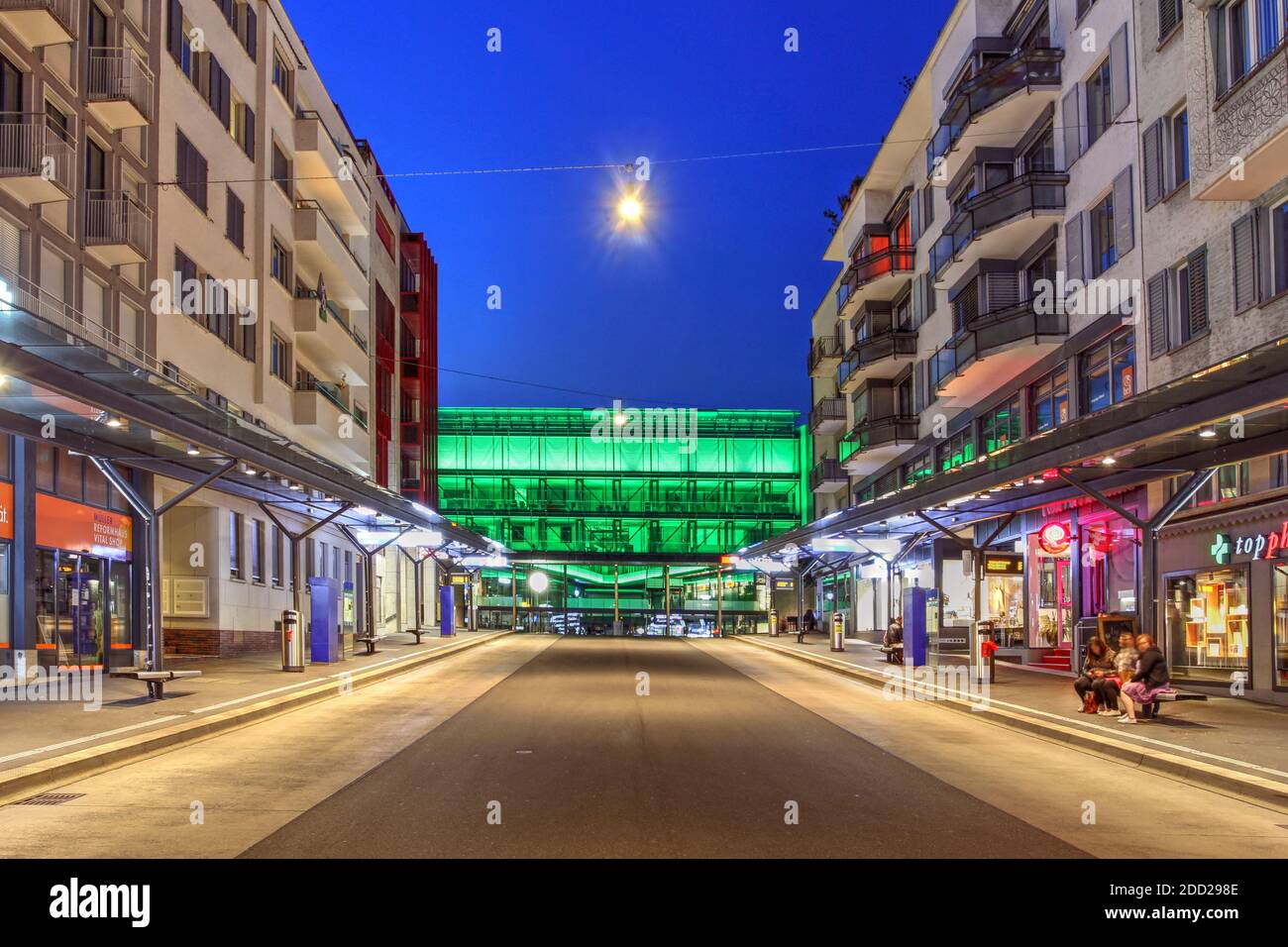 Night scene of the Zug Railway Station in Switzerland, rebuilt in 2004 ...