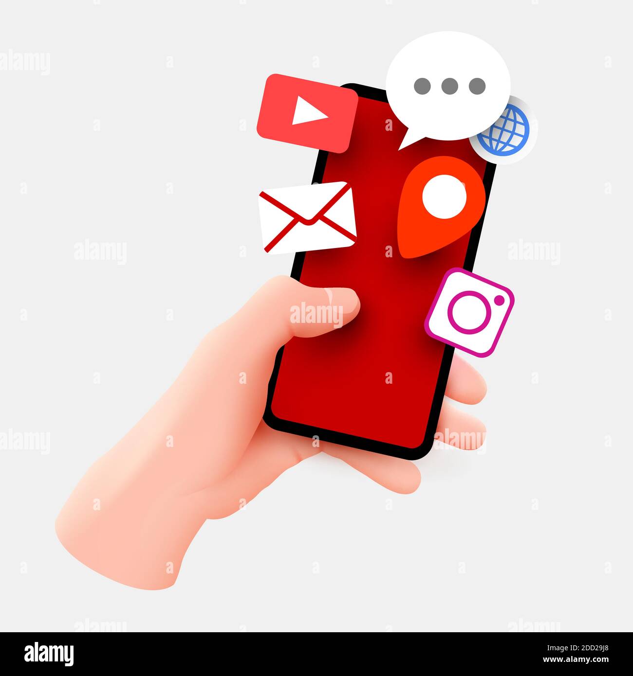 Hand holding smartphone and cloud of applications icons. Mobile apps ...