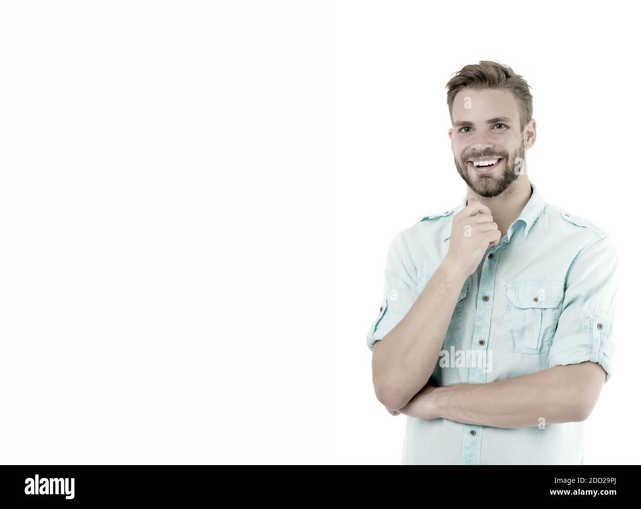 Nice idea. Man handsome bearded guy smiling on white background ...