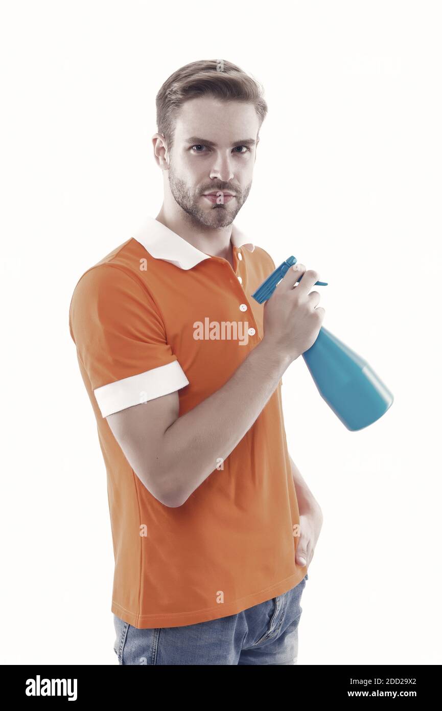 Humidifier therapy. Prevent dryness. Man hold mist sprayer. Easy Ways ...