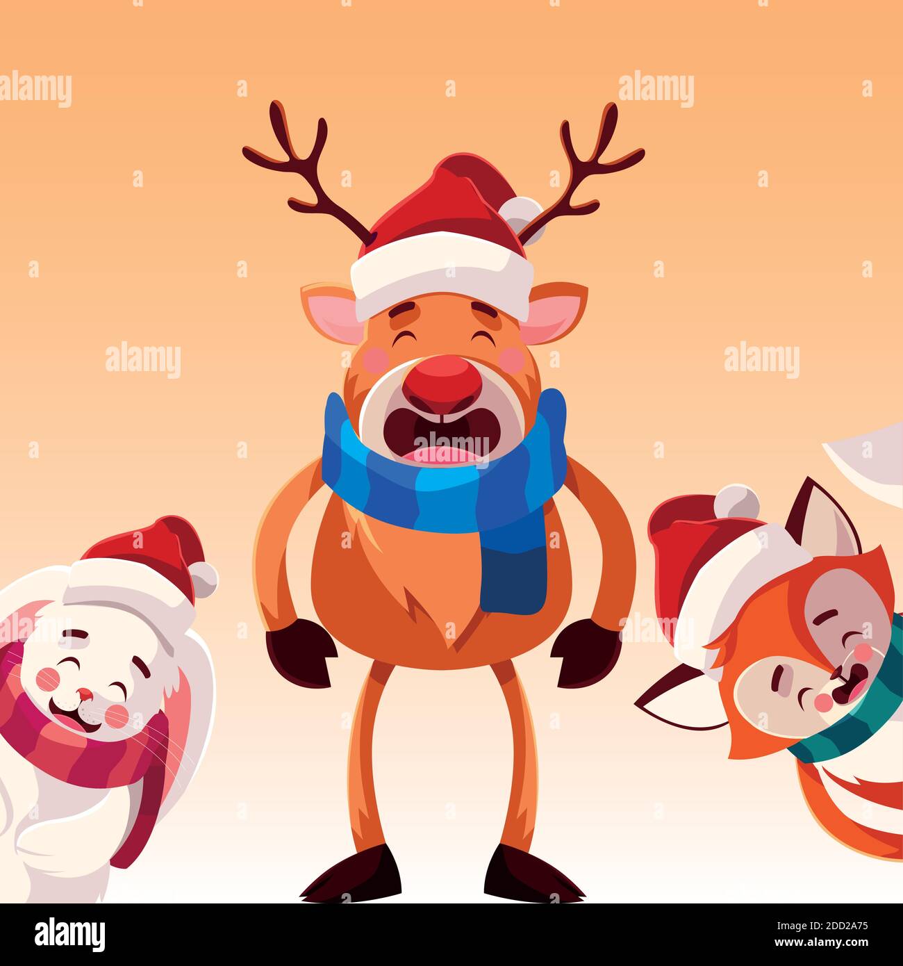 merry christmas reindeer snowman fox with hat and scarf cartoon vector ...