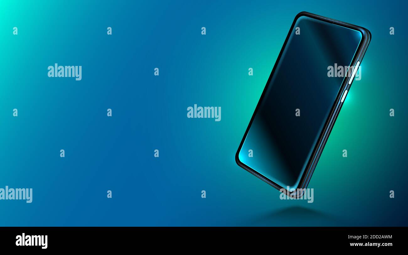 Modern smartphone on dark blue background. Realistic isometric phone ...