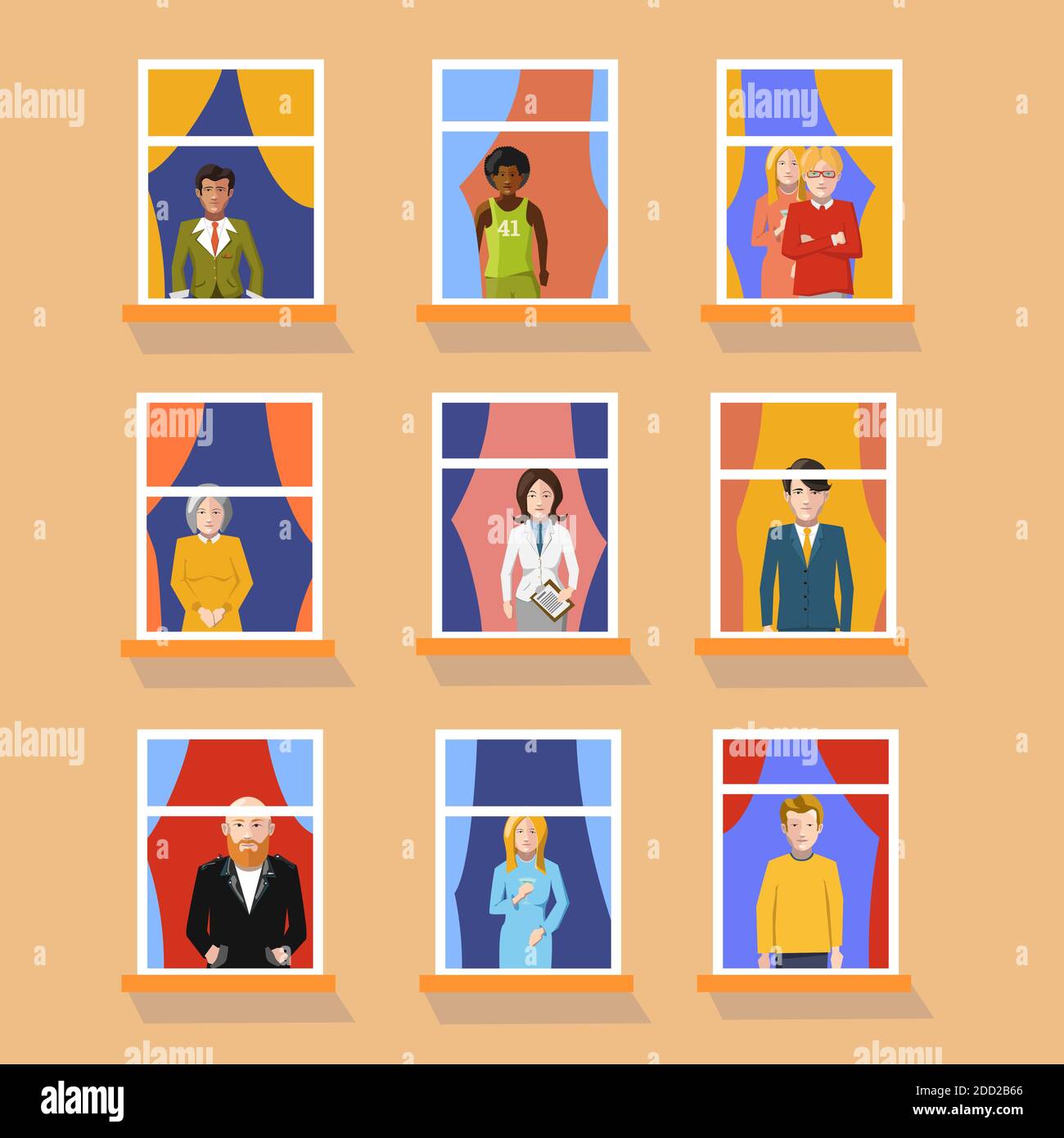 Set of different people in windows staying home on bright yellow ...