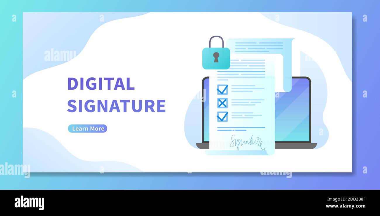 Digital signature on electronic contract, web banner. Opened laptop ...