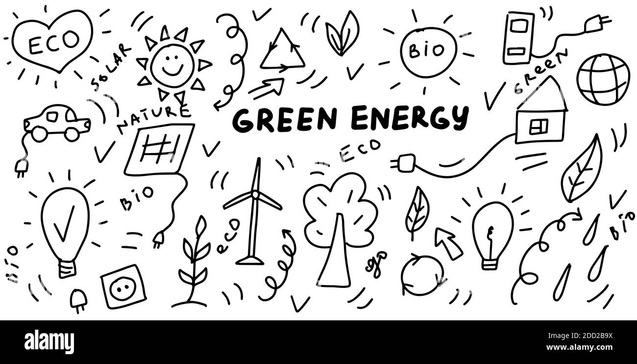 Green Energy Doodle Set. Hand drawn lines cartoon set of symbols on the ...