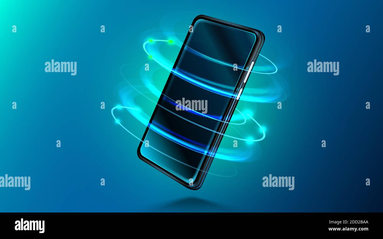 Modern smartphone on dark blue background. Realistic isometric phone ...