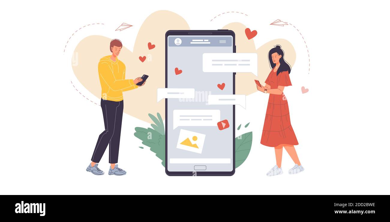 Flat cartoon characters online chat vector illustration concept Stock ...