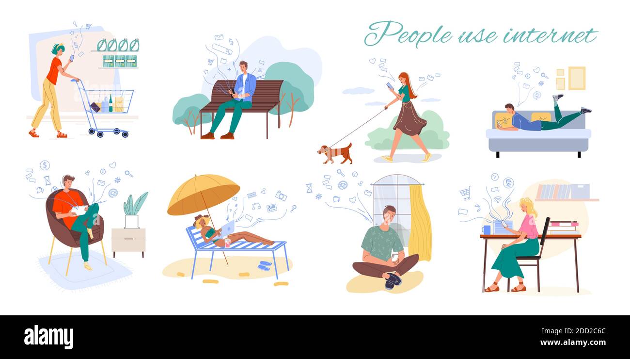 Flat cartoon characters surfing internet set, vector illustration ...