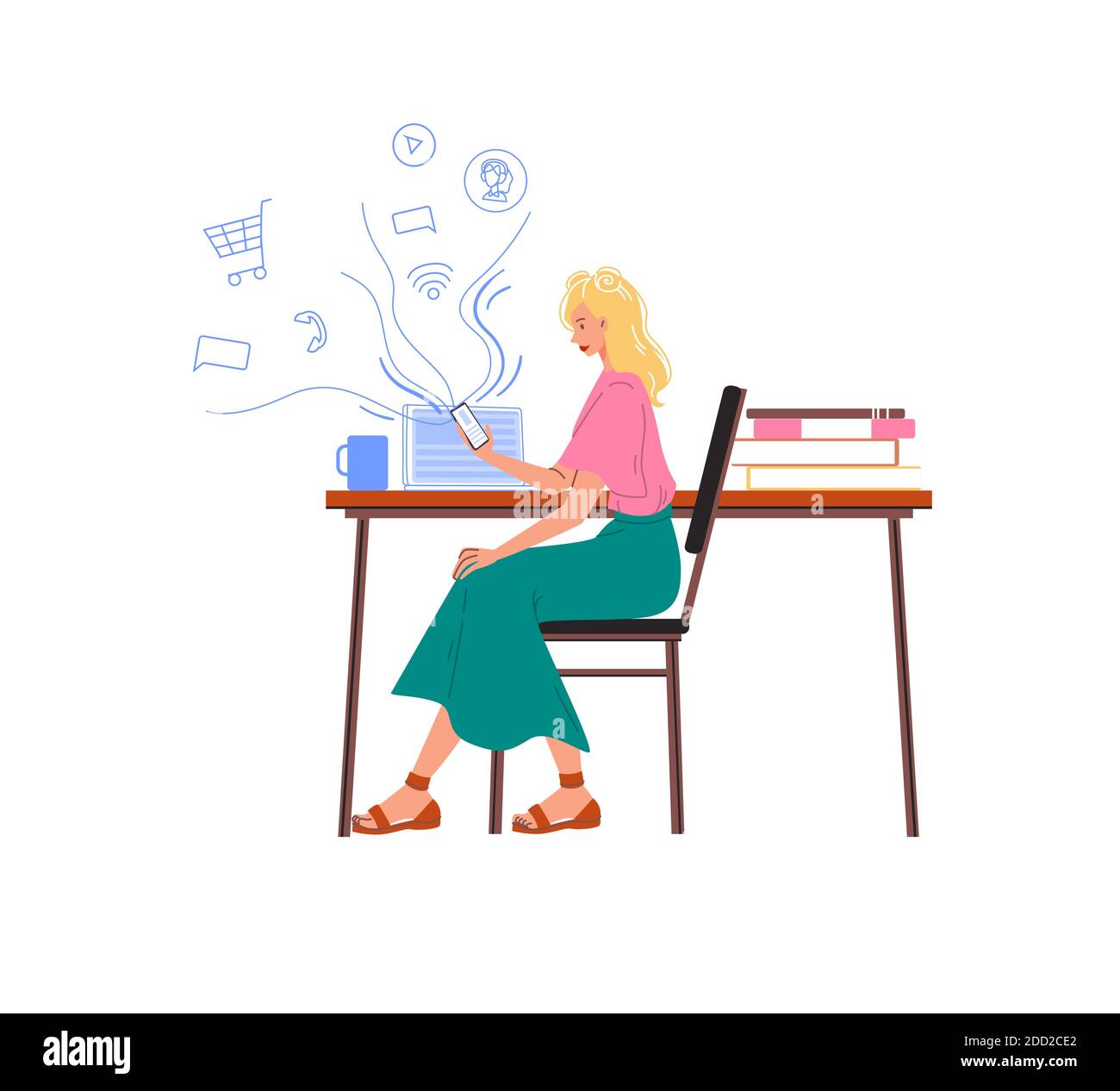 Flat cartoon character surfing internet, vector illustration concept ...