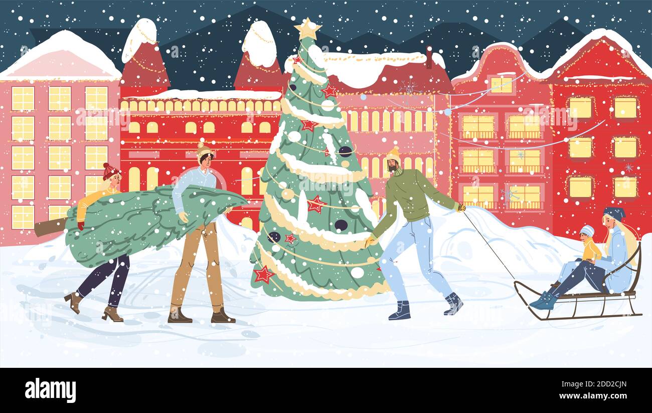 Flat cartoon characters happy holidays vector illustration concept ...