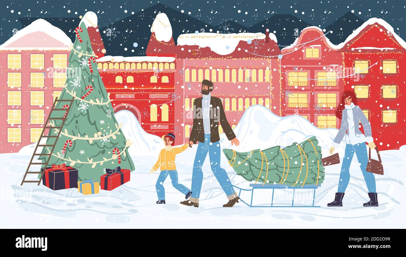 Flat cartoon characters happy holidays vector illustration concept ...