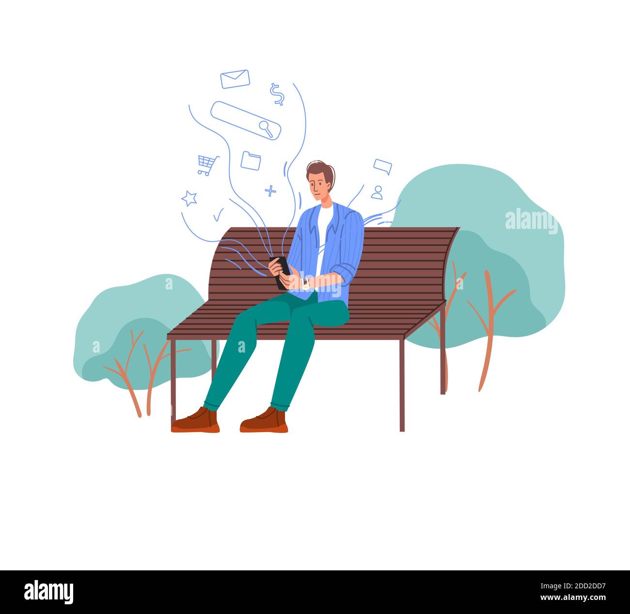 Flat cartoon character surfing internet, vector illustration concept ...