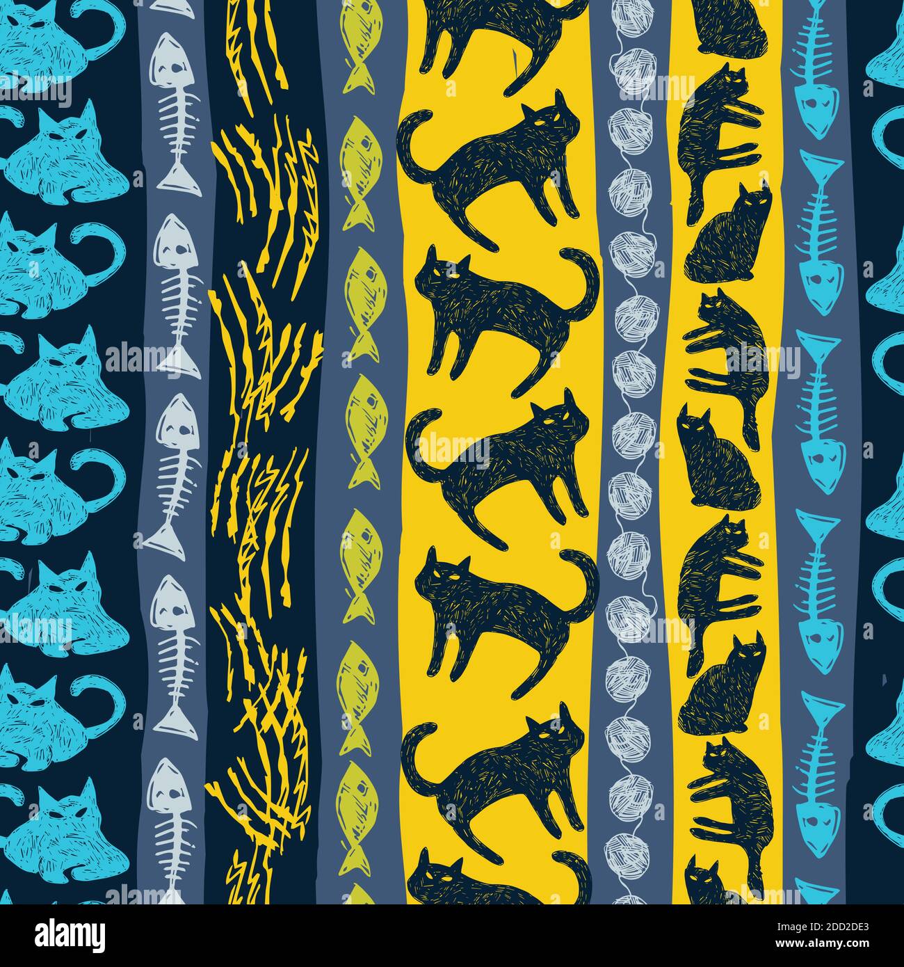 Vector yellow and blue colourful mystery cat pen sketch vertical ...