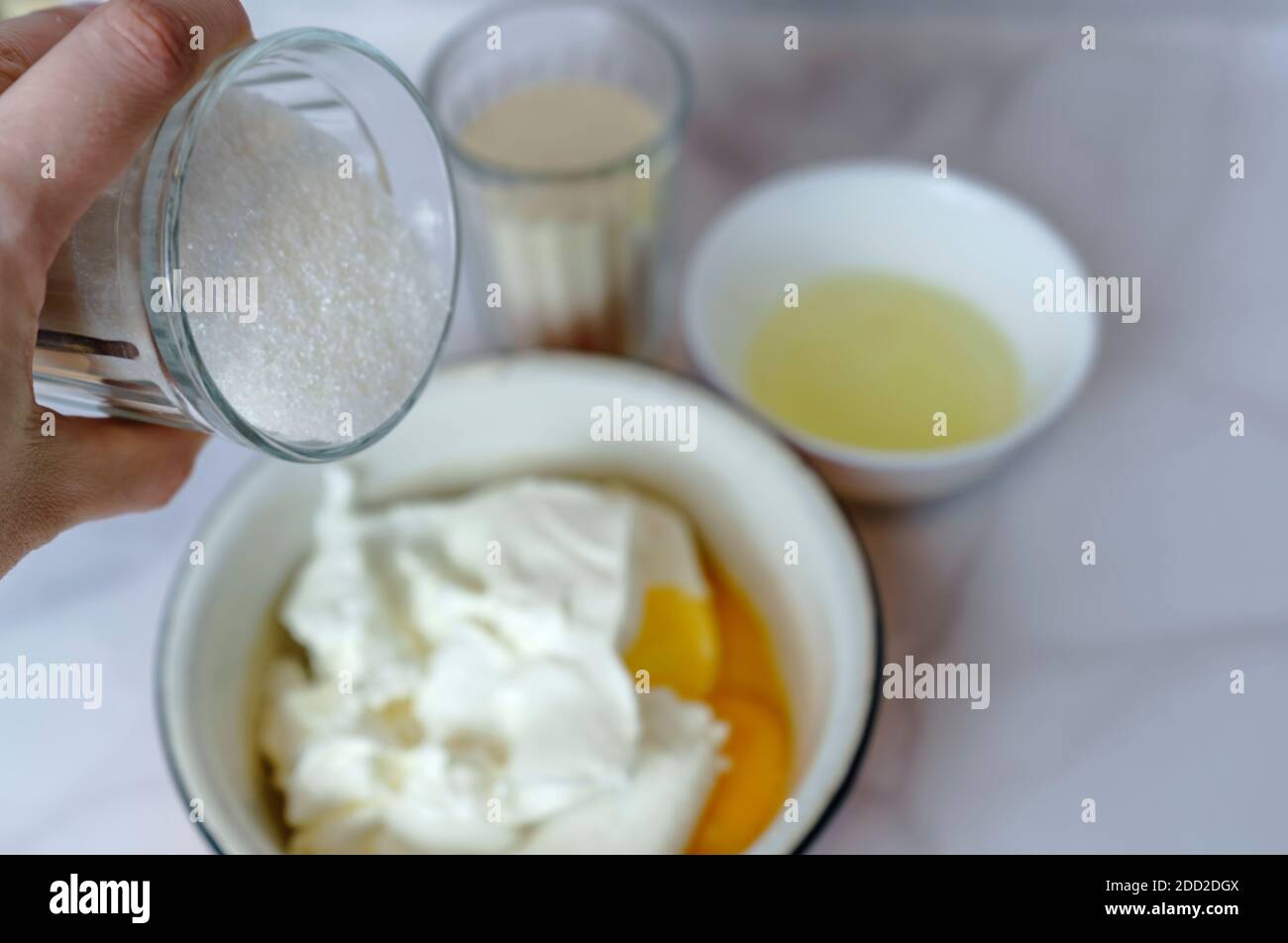 Cottage cheese casserol cooking process, mixing ingredients Stock Photo ...