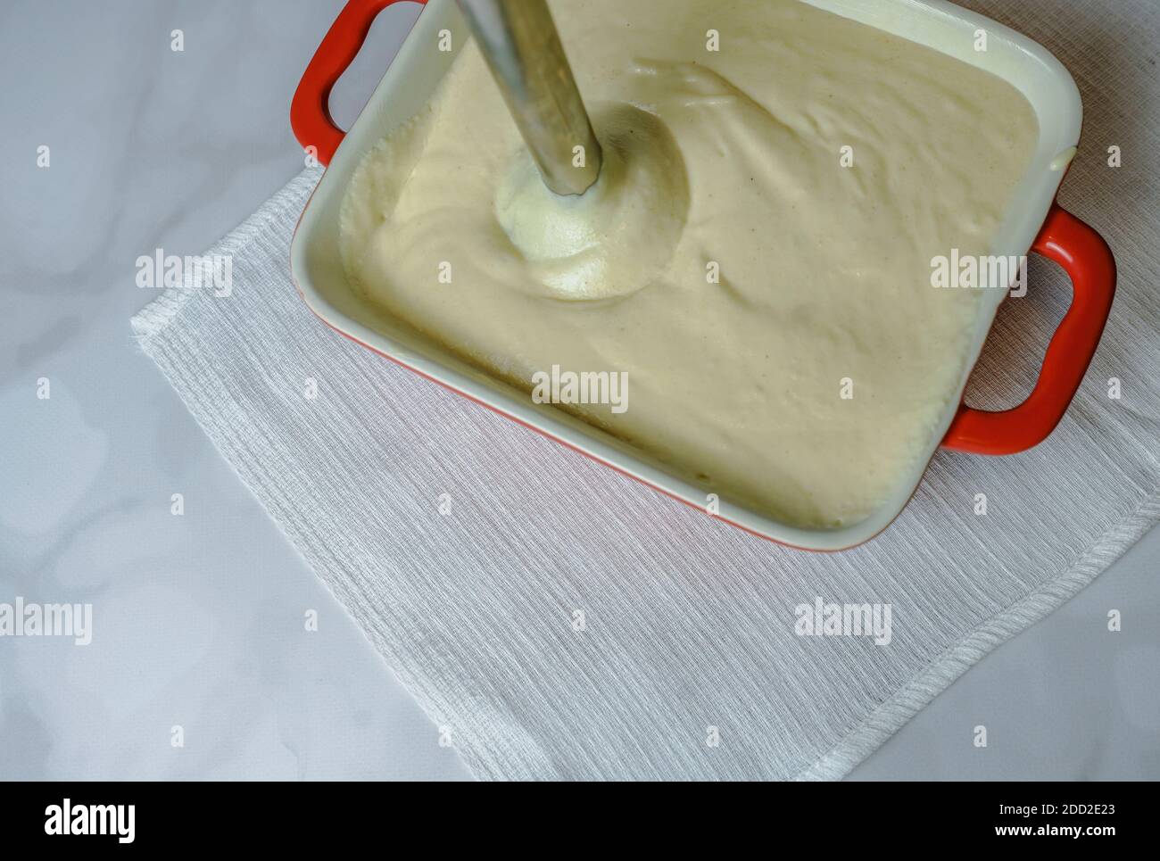 Cottage cheese casserol cooking process. Batter blending Stock Photo ...