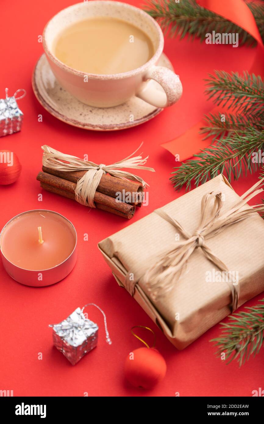 Christmas or New Year composition. Decorations, box, cinnamon, fir and ...