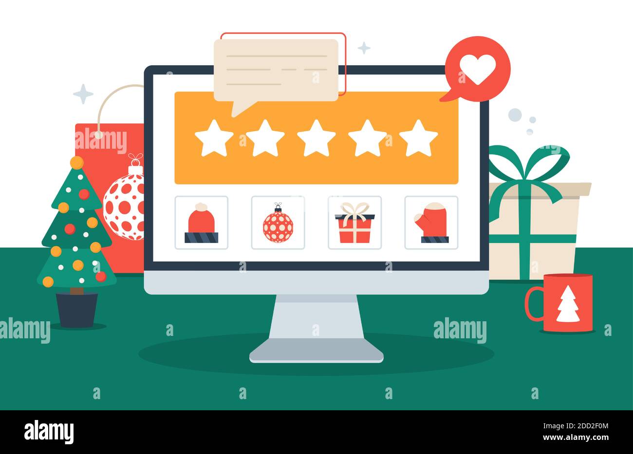 Gift review online on pc computer. Christmas shopping and feedback five ...